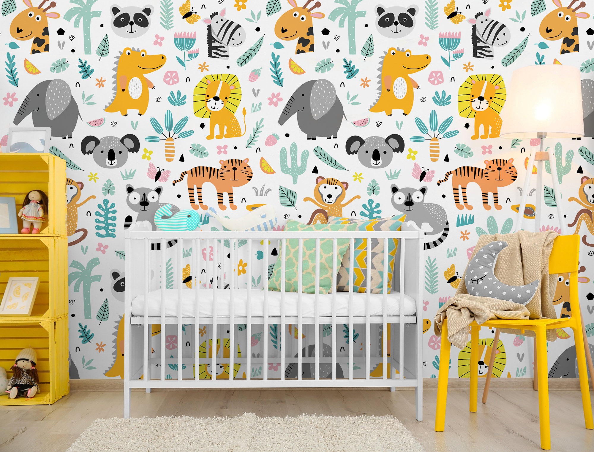 Colorful Wallpaper for Kids With Safari Animals and Plants - Etsy