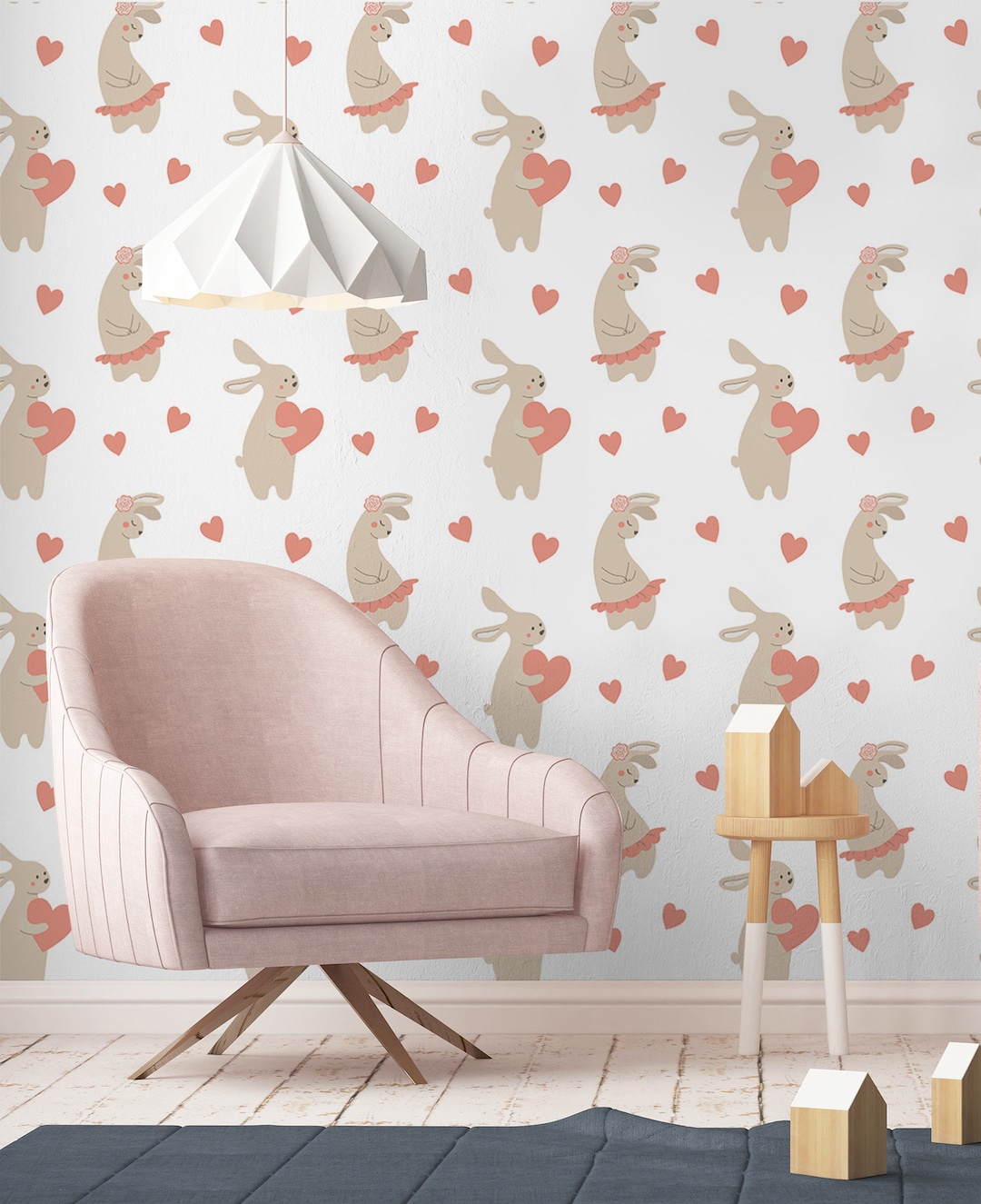 Animal Wallpaper, Rabbit and Heart Pattern, Wall Mural, Removable, Self ...