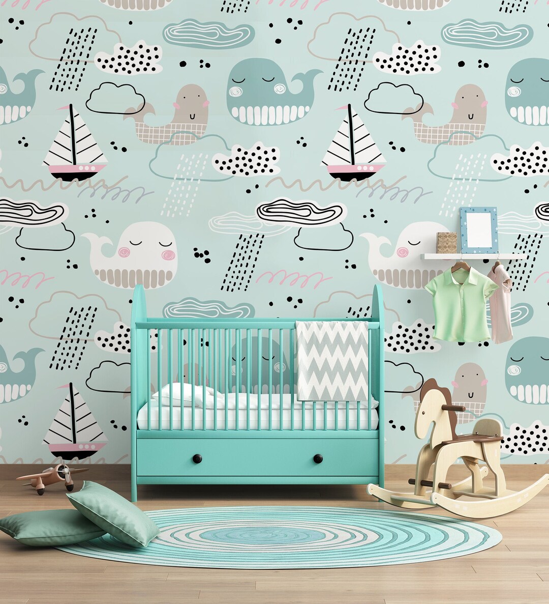 Light Blue Abstract Cartoon Wallpaper for Kids With Whales and Boats ...