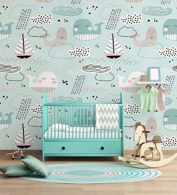 Light Blue Abstract Cartoon Wallpaper for Kids With Whales and | Etsy