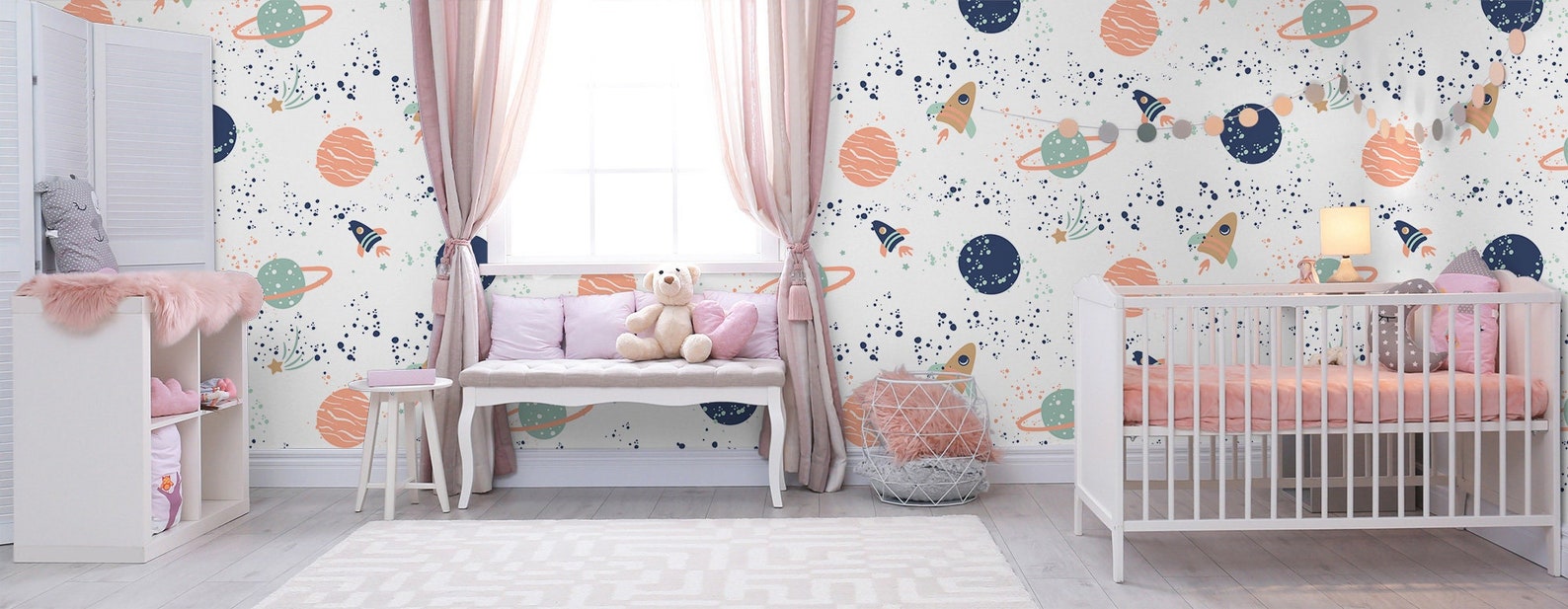 White Vector Space Wallpaper, Planets & Stars Mural, Wallpaper for Kids ...