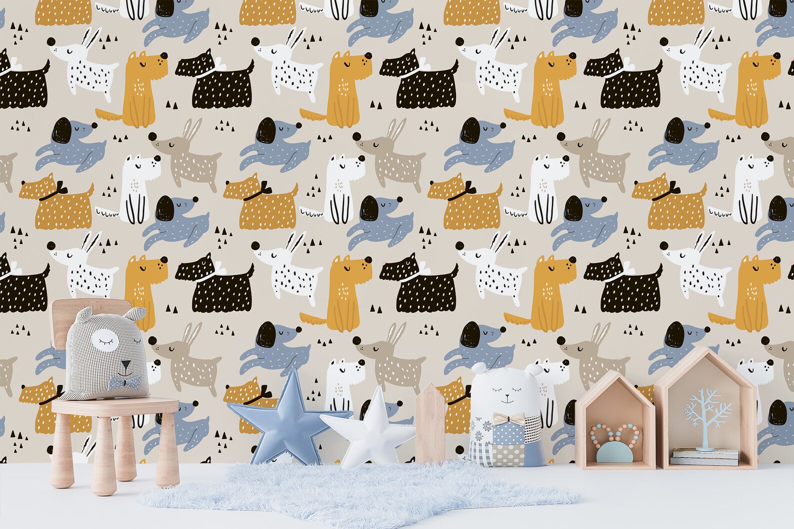 Beige Wallpaper for Kids With Cartoon Yellow and Blue Dogs | Etsy