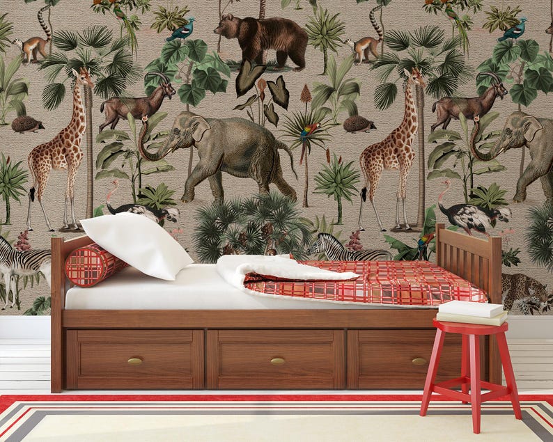 Vintage Jungle Animals Wallpaper, Tropical Decor, Kids Wall Art ...