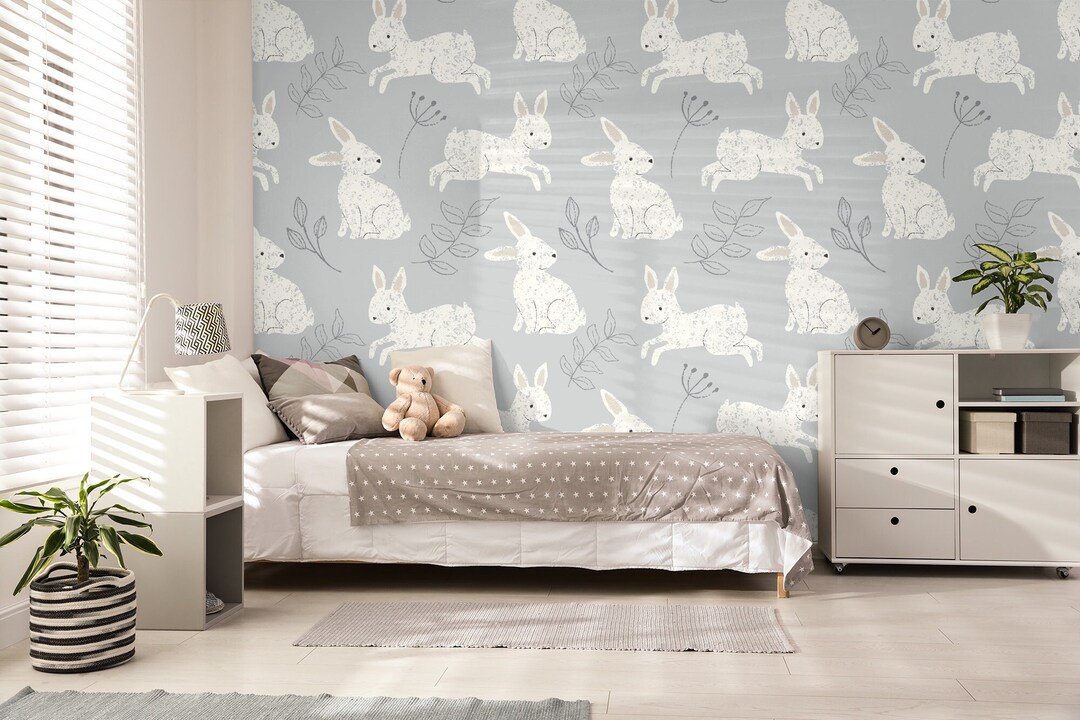 Bunny Pattern Wallpaper, Cute Cream Rabbits Gray Leaves on a Gray ...