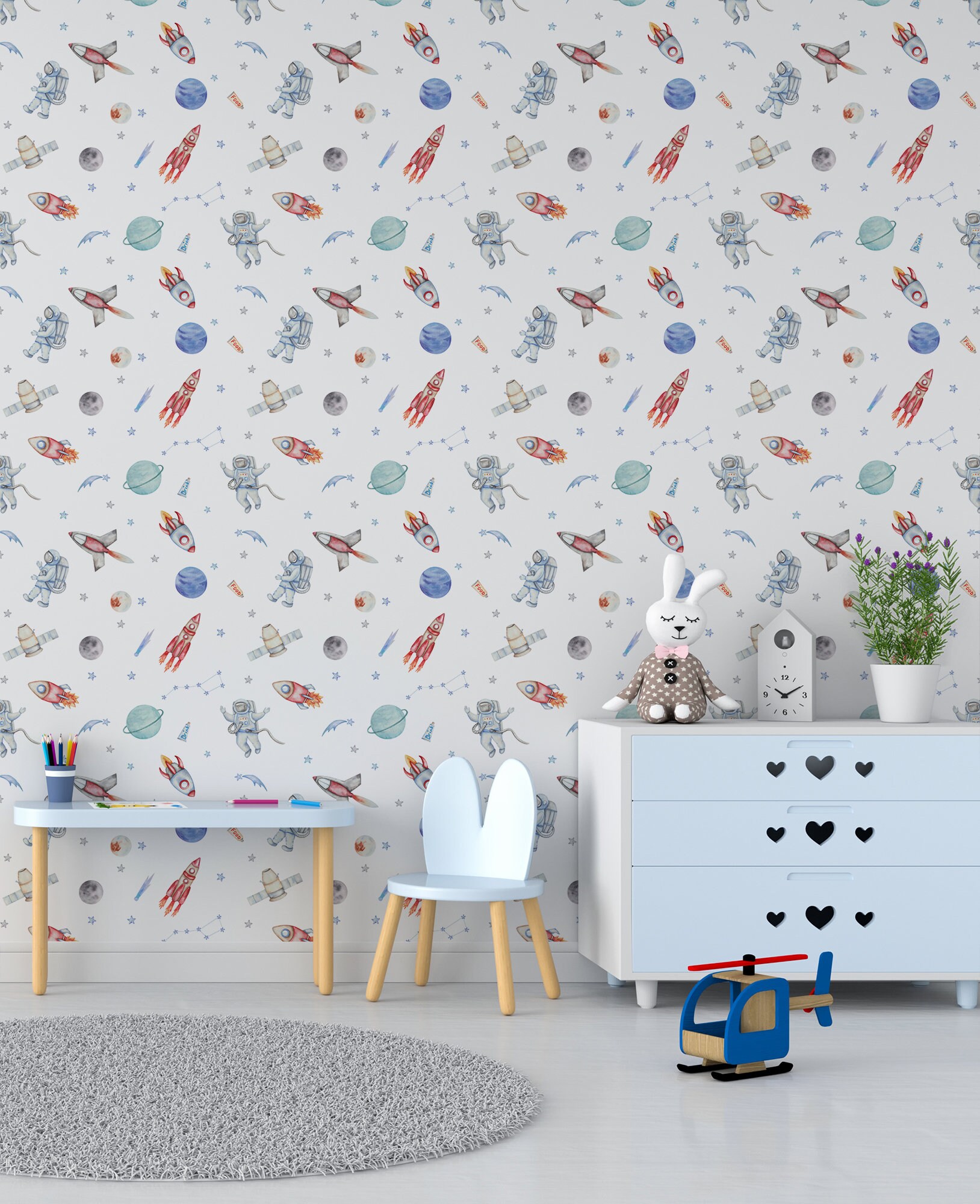Watercolor Space Wallpaper, Rocket, Spaceships and Stars, Wall Mural ...