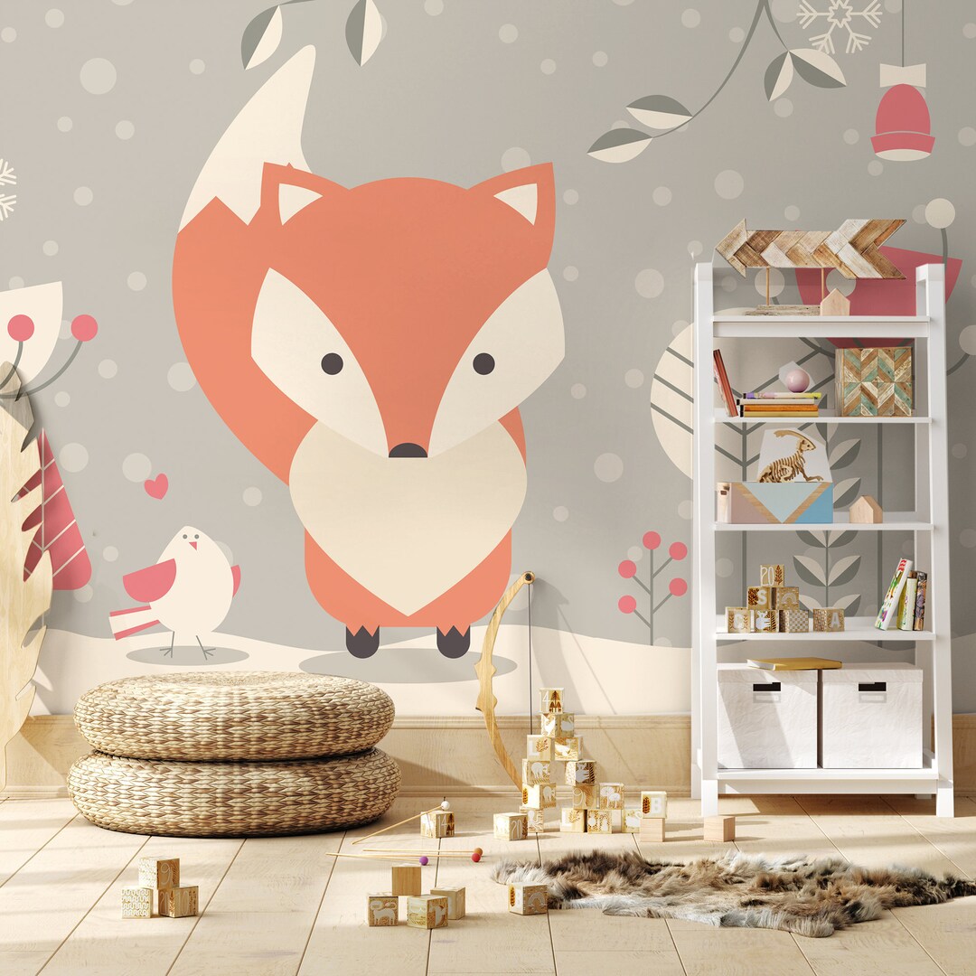 Gray Cartoon Wallpaper With Fox, Animal Motif, Wallpaper for Kids ...