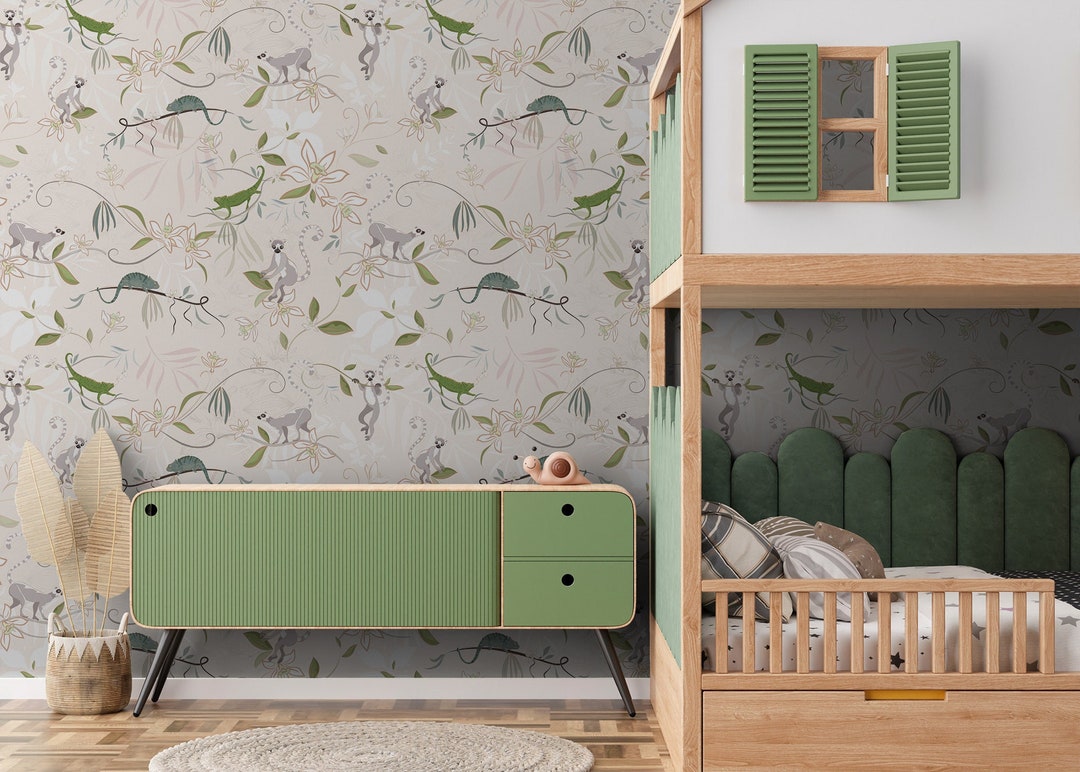 Tropical Jungle Wallpaper, Animal Pattern, Lemur and Lizard Wall Mural ...