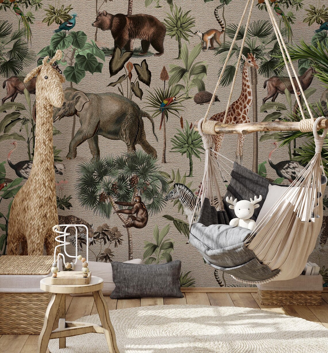 Vintage Jungle Animals Wallpaper, Tropical Decor, Kids Wall Art ...
