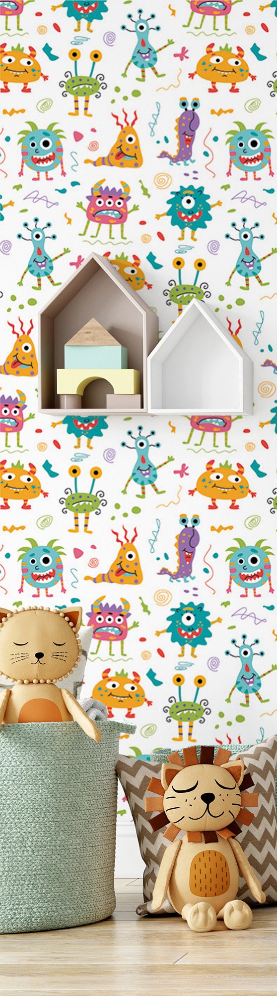 Colorful Funny Monster Wallpaper Wall Mural Removable Self - Etsy
