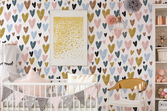 Wallpaper With Hand Drawn Hearts Wallpaper for Kids Nursery | Etsy