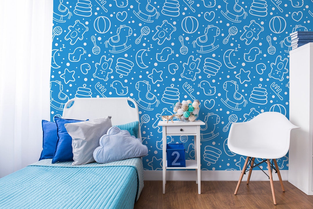 Baby, Blue Wallpaper, Pattern for Kids, Removable, Nursery Wall Art ...