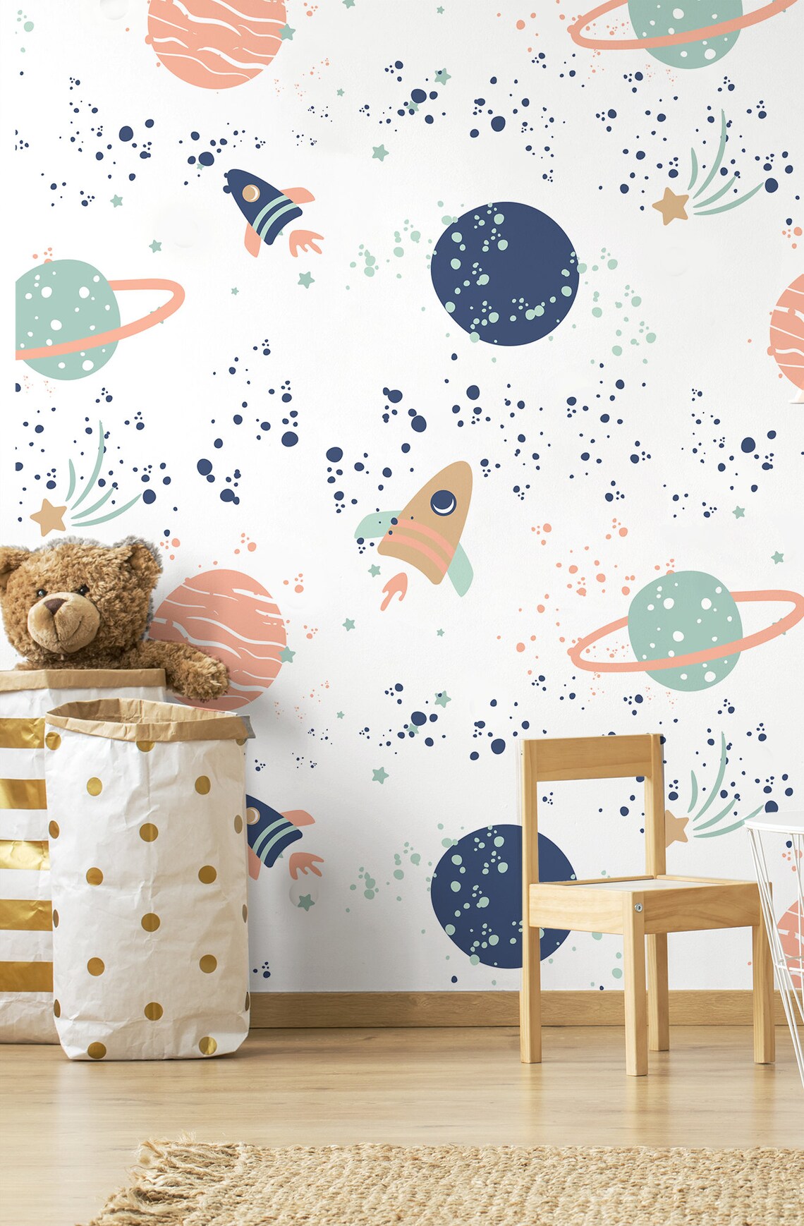 White Vector Space Wallpaper Planets & Stars Mural Wallpaper | Etsy