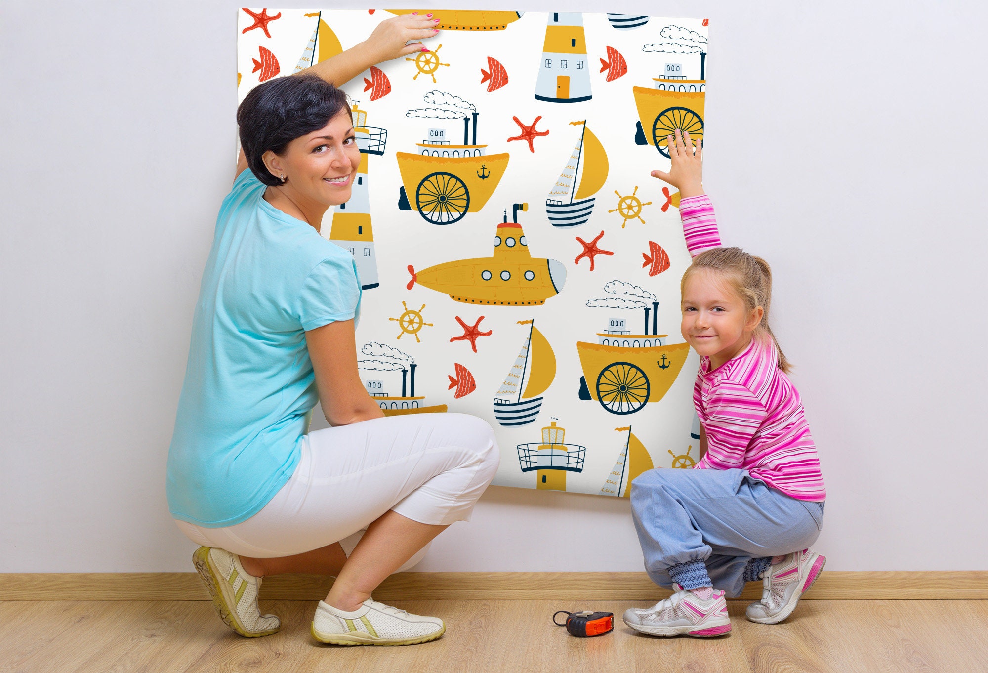 Kids Sea Wallpaper, Ship, Sailboat, Cartoon Style Pattern, Wall Mural ...