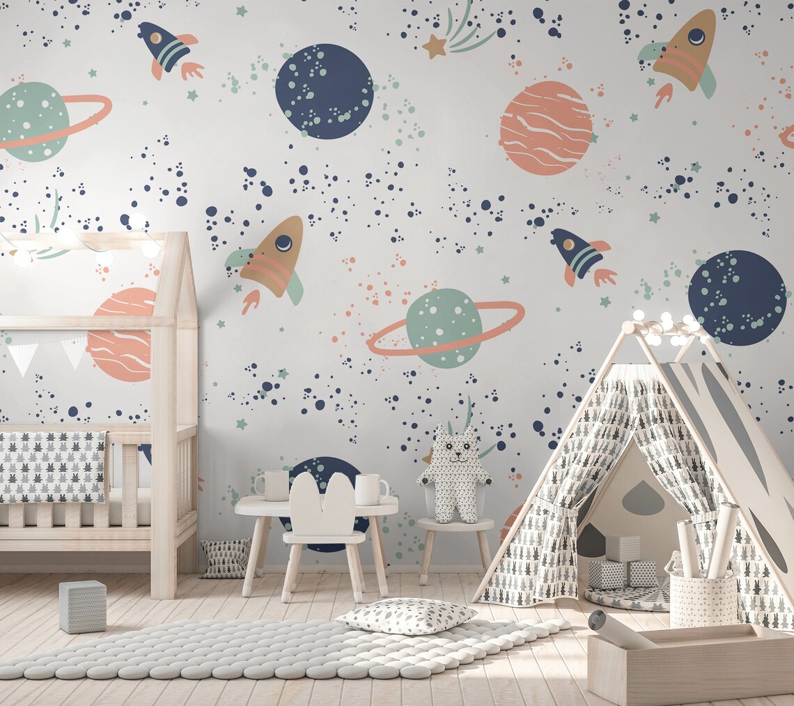 White Vector Space Wallpaper Planets & Stars Mural Wallpaper | Etsy