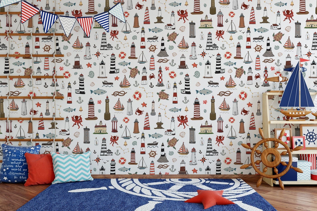 Wallpaper With Lighthouse at Sea, Starfish Fish, Ship, Wall Mural for ...