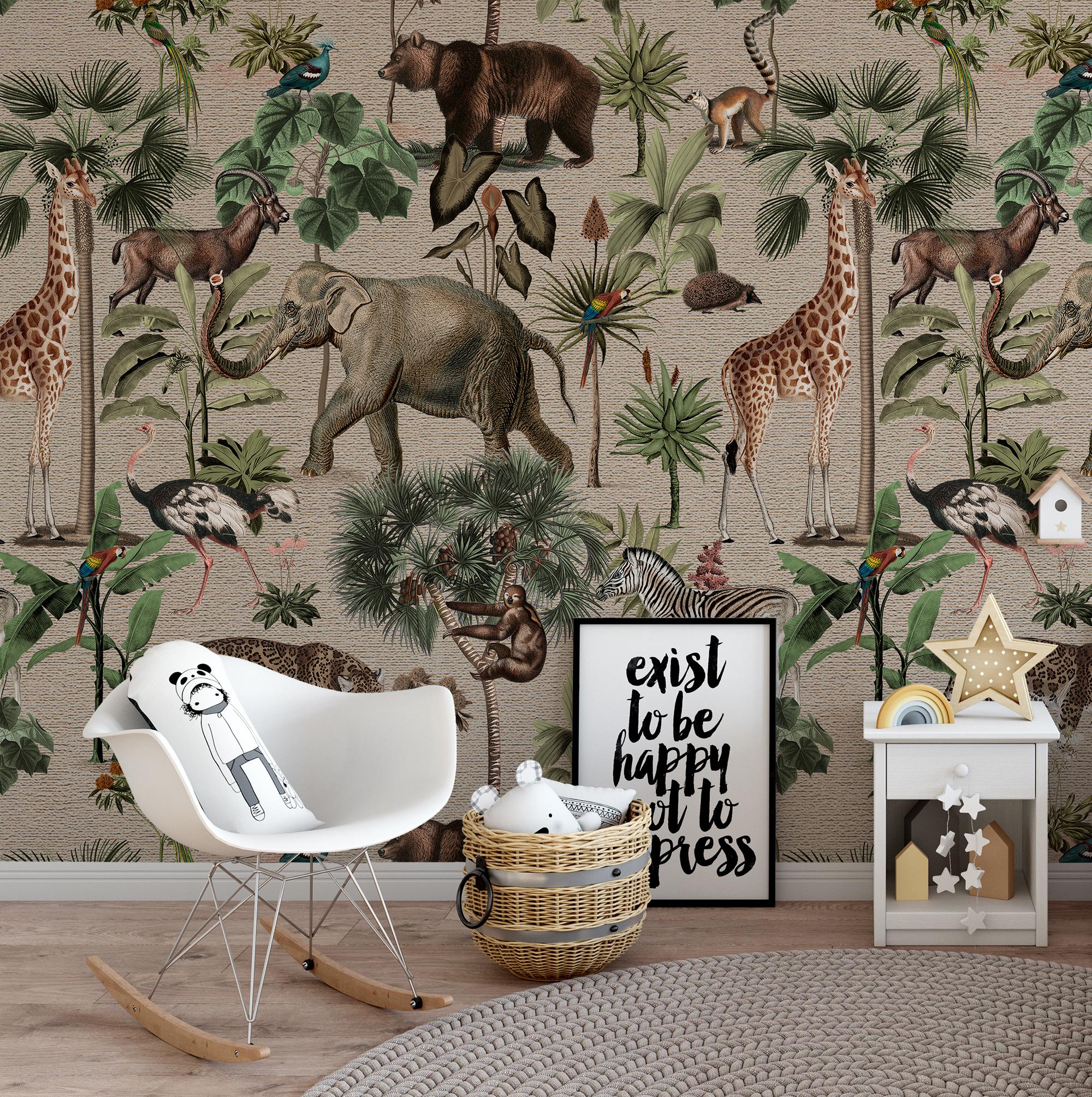 Vintage Jungle Animals Wallpaper, Tropical Decor, Kids Wall Art ...