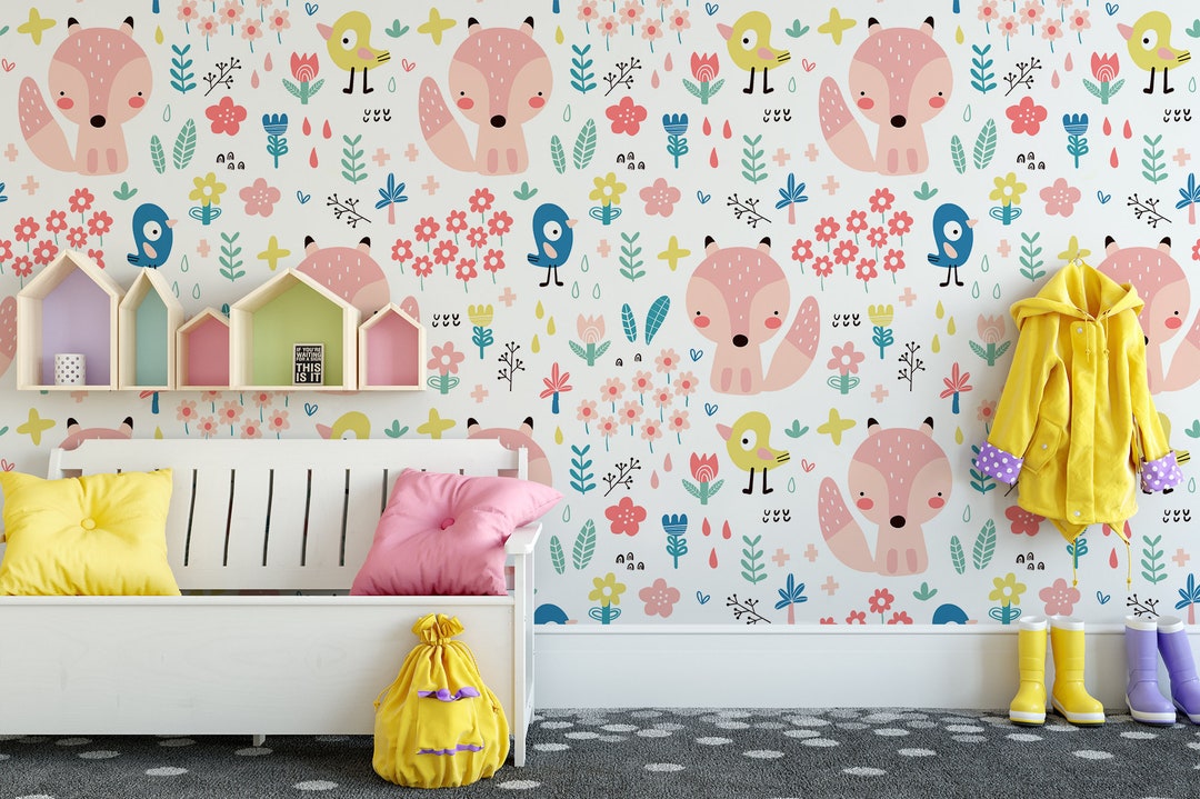 Colorful Wallpaper for Kids With Flowers, Foxes and Birds, Nursery Wall ...