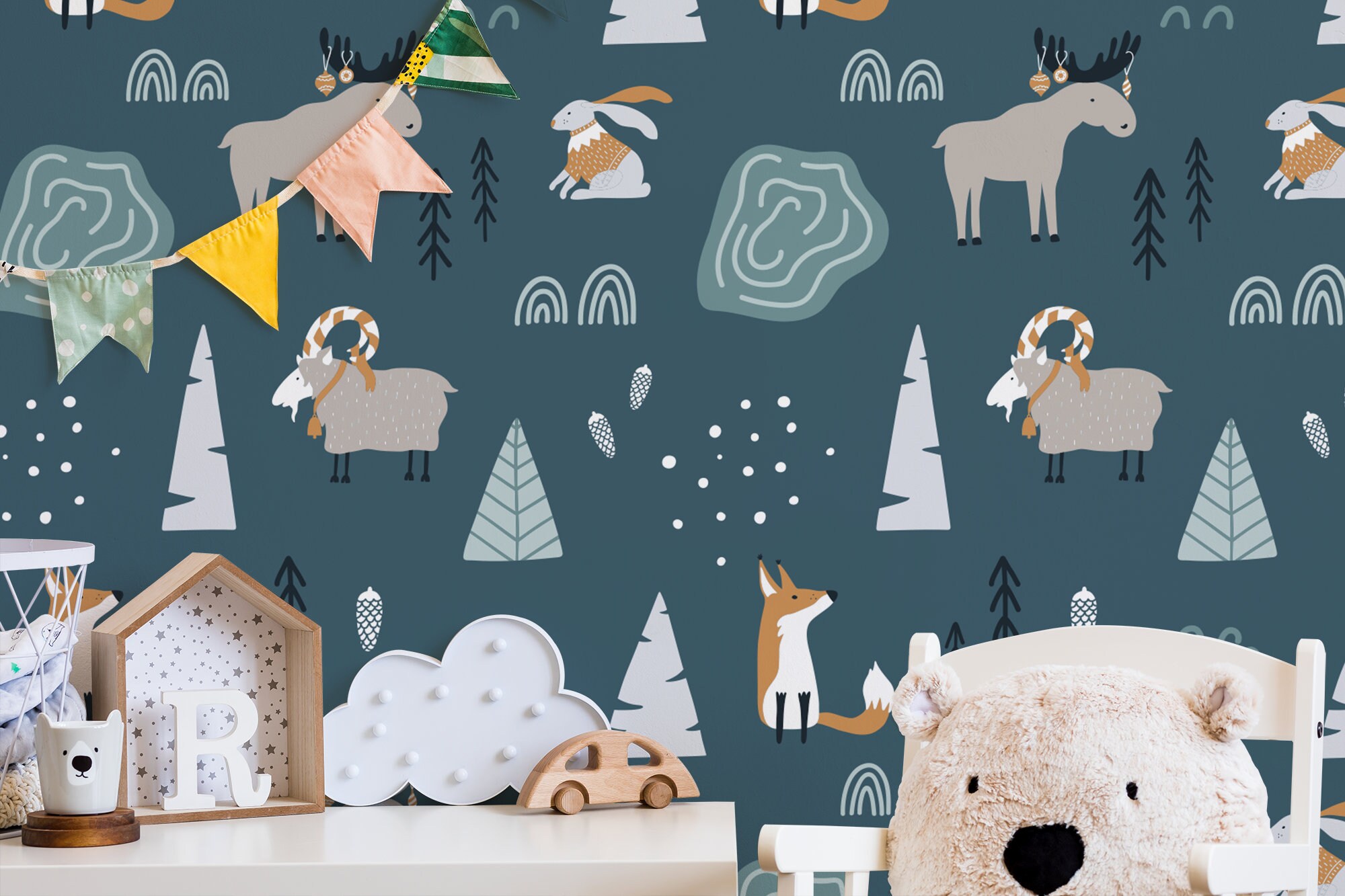 Dark Blue Wallpaper for Kids With Forest Animals and Trees | Etsy