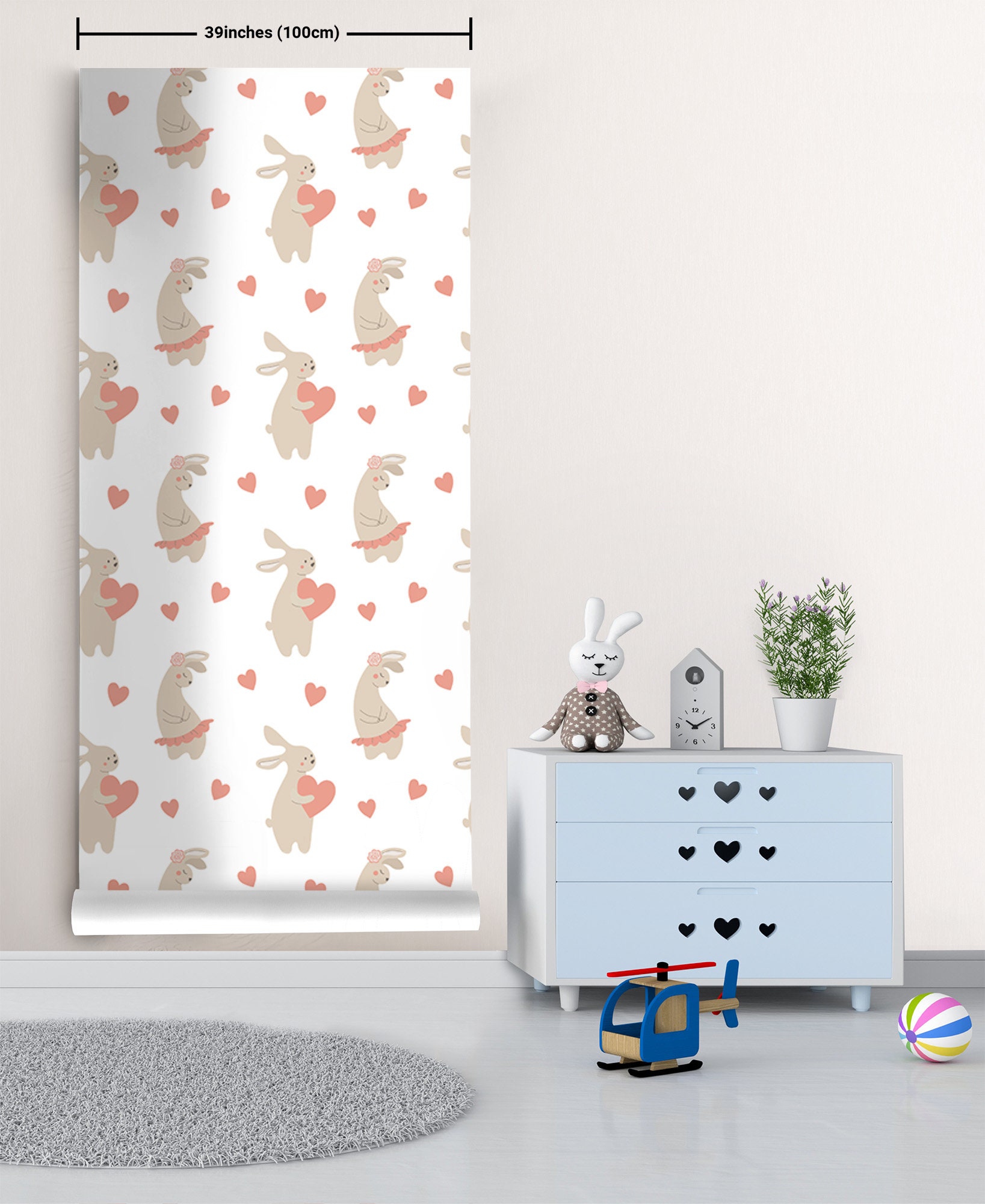 Animal Wallpaper, Rabbit and Heart Pattern, Wall Mural, Removable, Self ...