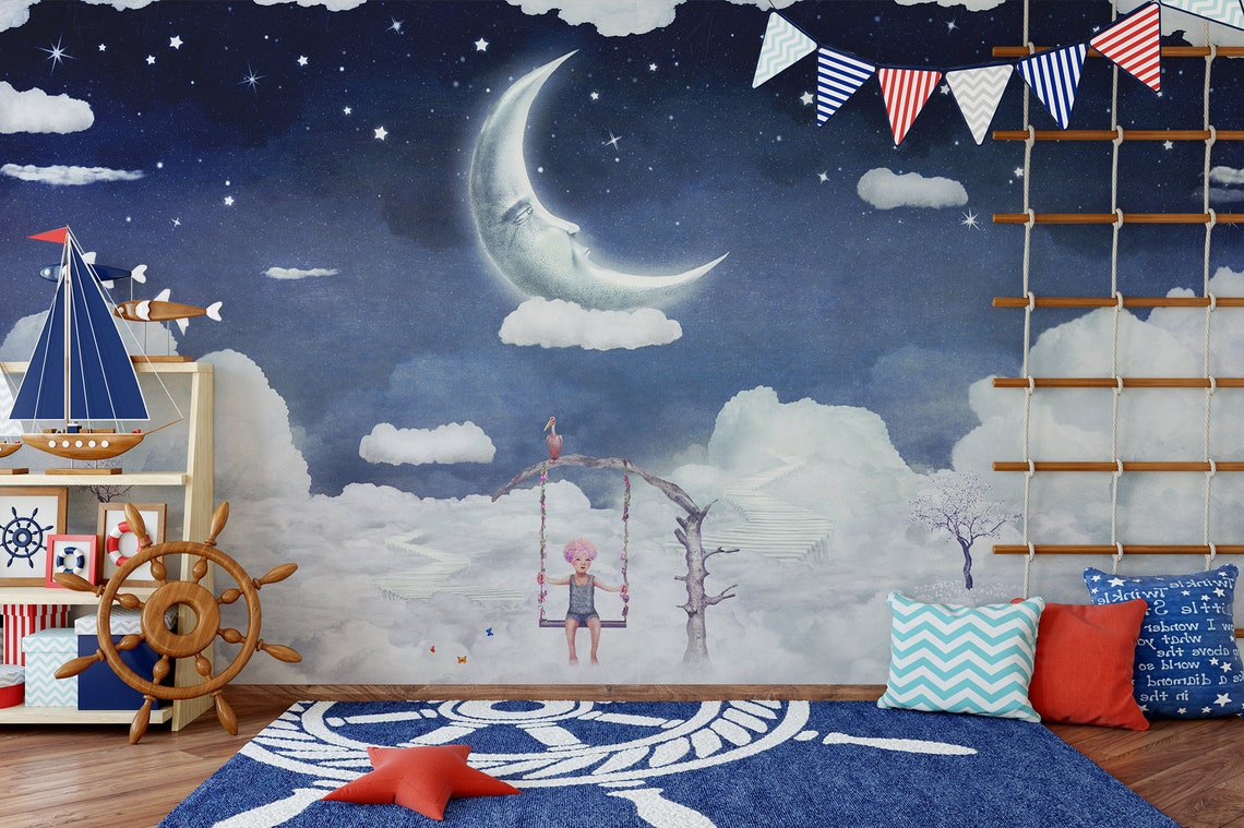 Watercolor Magical Night Mural Moon and Stars Wallpaper for - Etsy