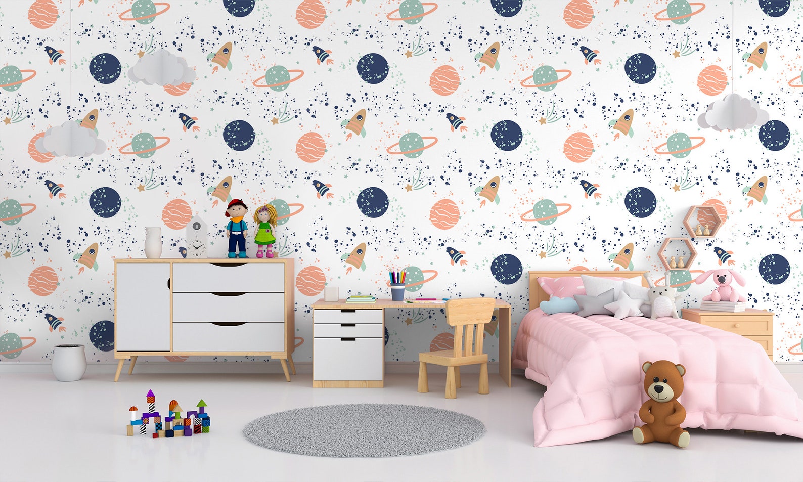 White Vector Space Wallpaper Planets & Stars Mural Wallpaper - Etsy