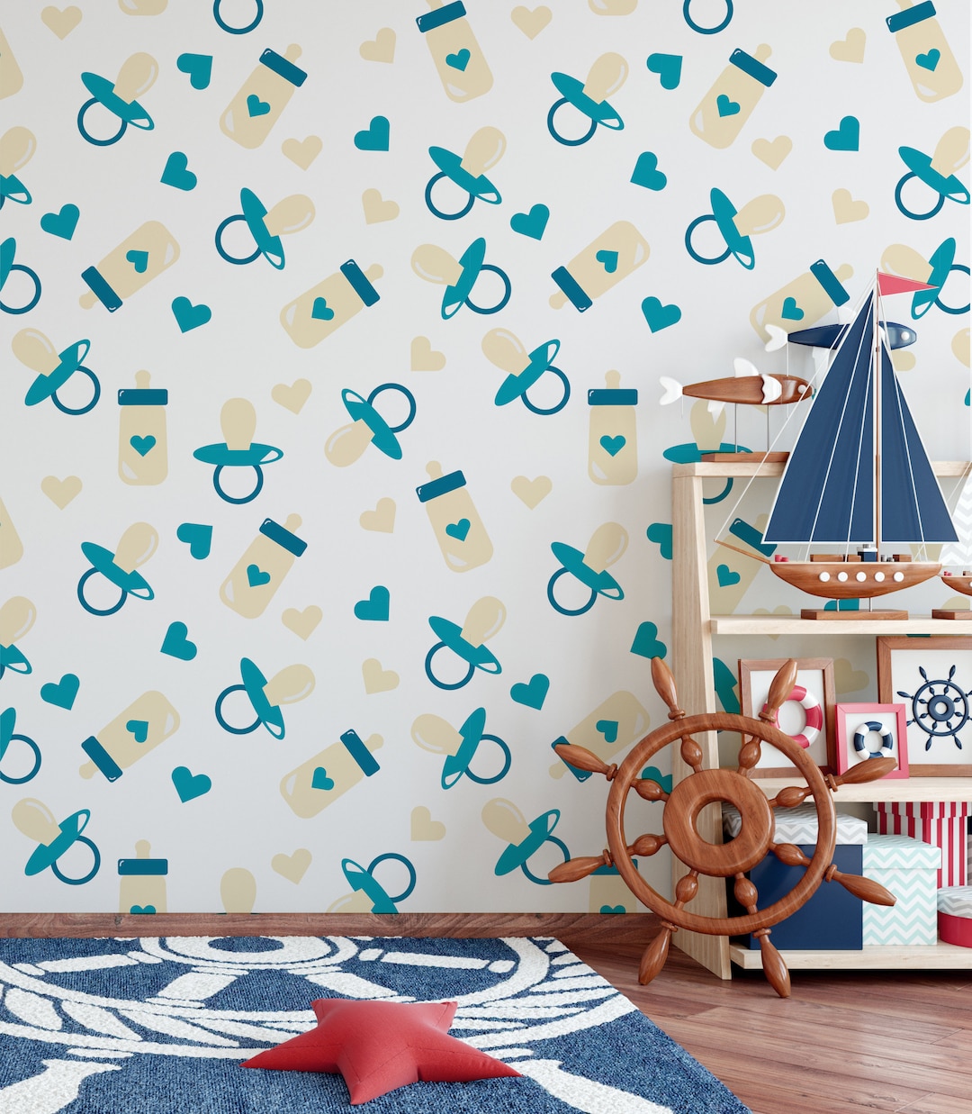 Wallpaper With a Baby Pacifier, Hearts, Milk Bottle, Nursery Wall Mural ...