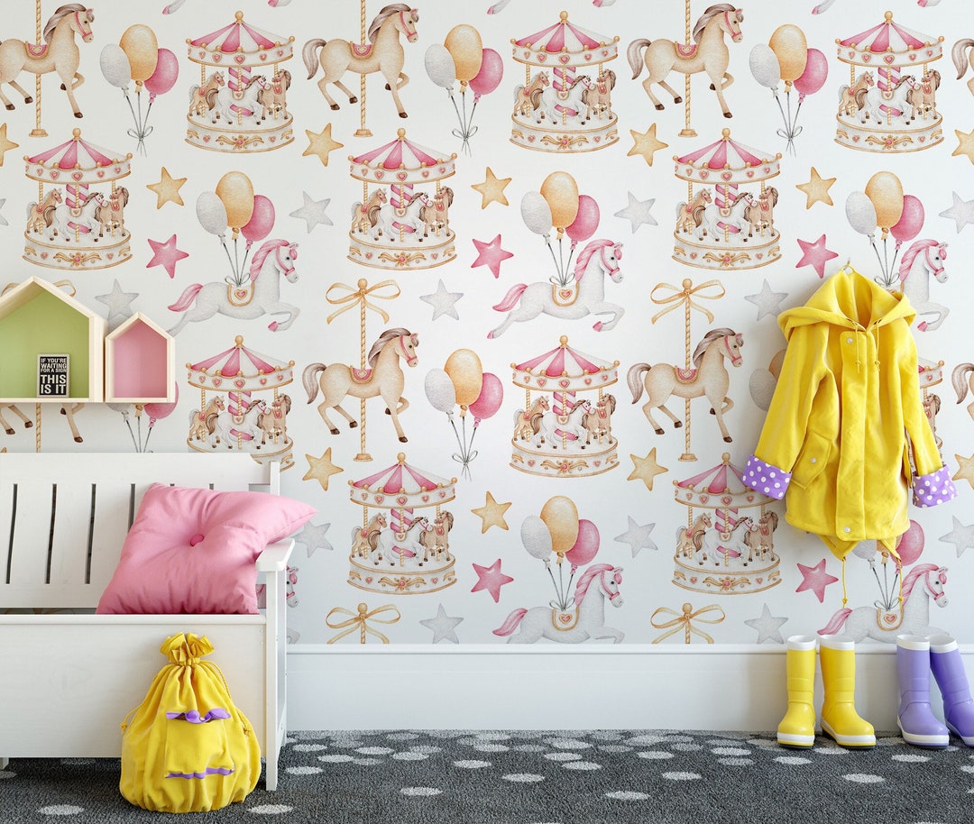 Pastel Wallpaper With Carousel Pattern and Animals, Removable, Nursery ...