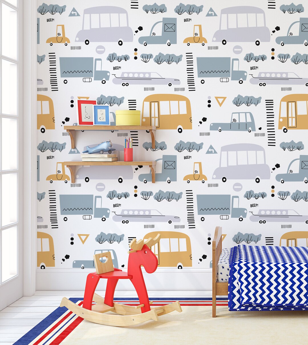 Cartoon Vehicles Mural, Car Pattern, Wallpaper for Kids, Nursery Wall ...