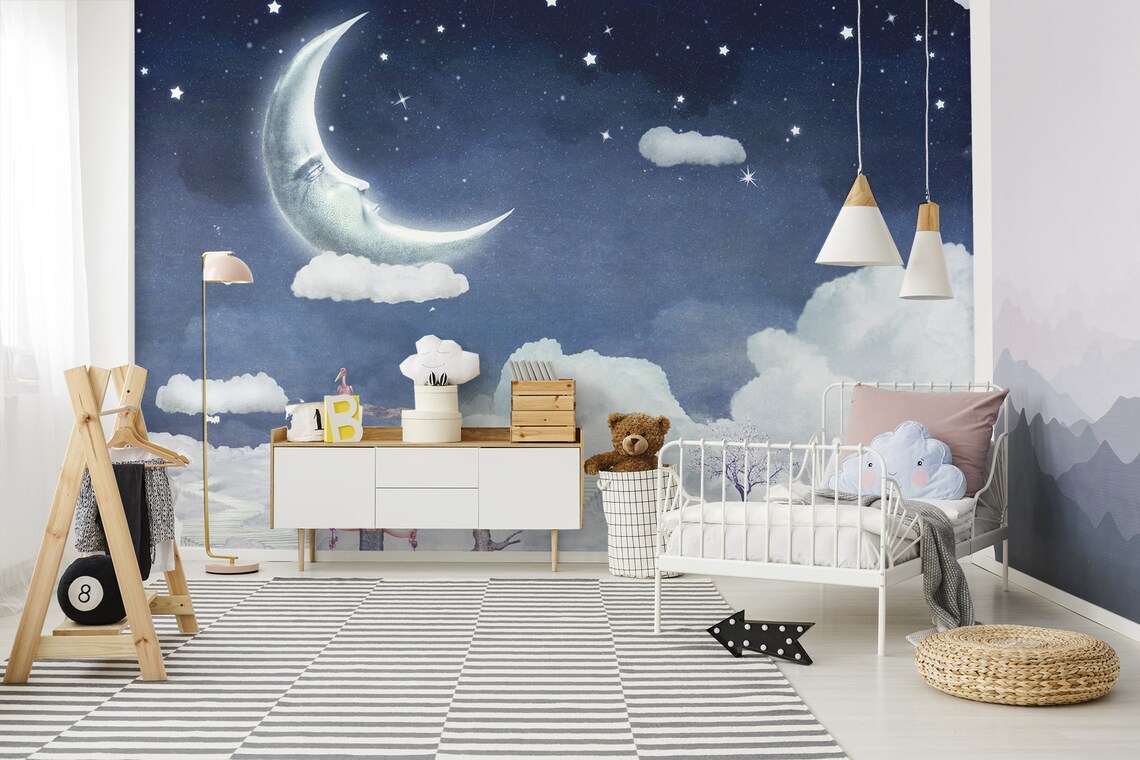 Watercolor Magical Night Mural Moon and Stars Wallpaper for - Etsy