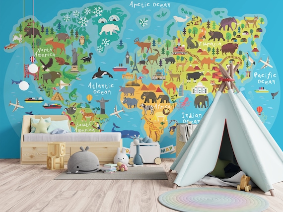 Cartoon World Map Wallpaper Earth Map Animals of the World - Etsy