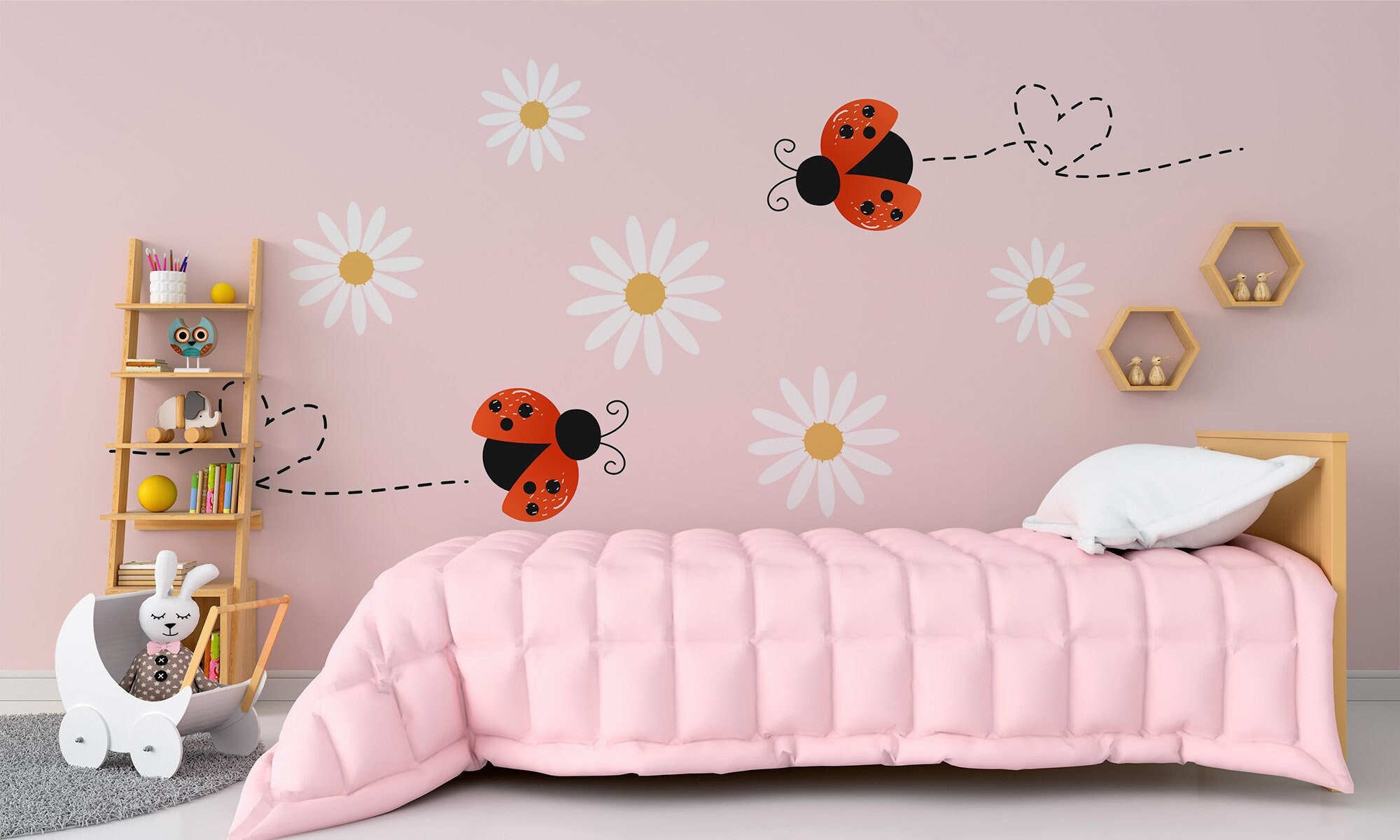 Ladybug and Daisy Flower Wallpaper, Nursery Wall Art, Self Adhesive ...