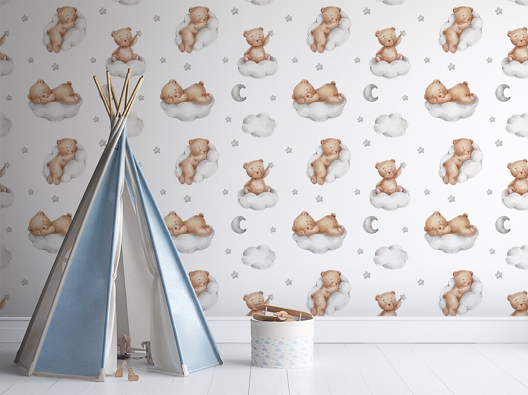 Wallpaper With Teddy Bears on Clouds Moon Stars Wall Kids - Etsy