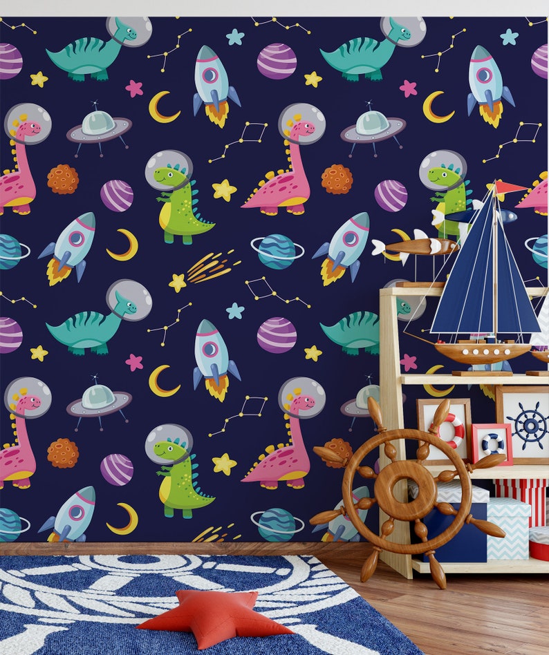 Dinosaurs Wallpaper Planets Rocket and UFO Peel and Stick - Etsy