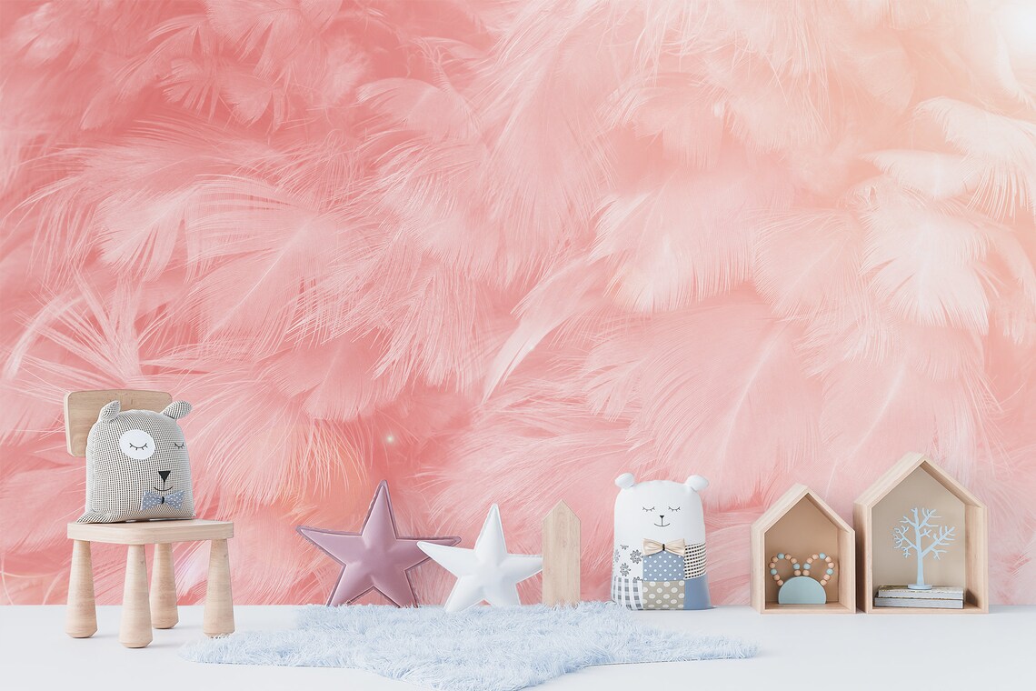 Pink Wallpaper With Feathers Wallpaper for Kids Nursery Wall | Etsy