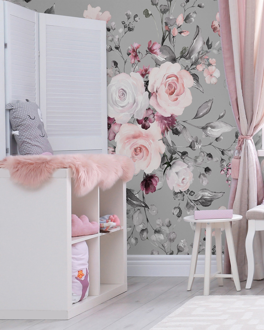 Watercolor Pink and Gray Rose Mural, Botanical Floral Decor, Kids ...