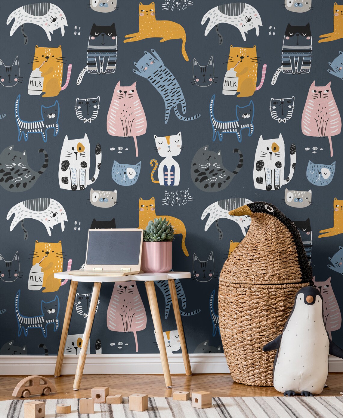 Wallpaper With Cute Colorful Cats Navy Blue Background - Etsy