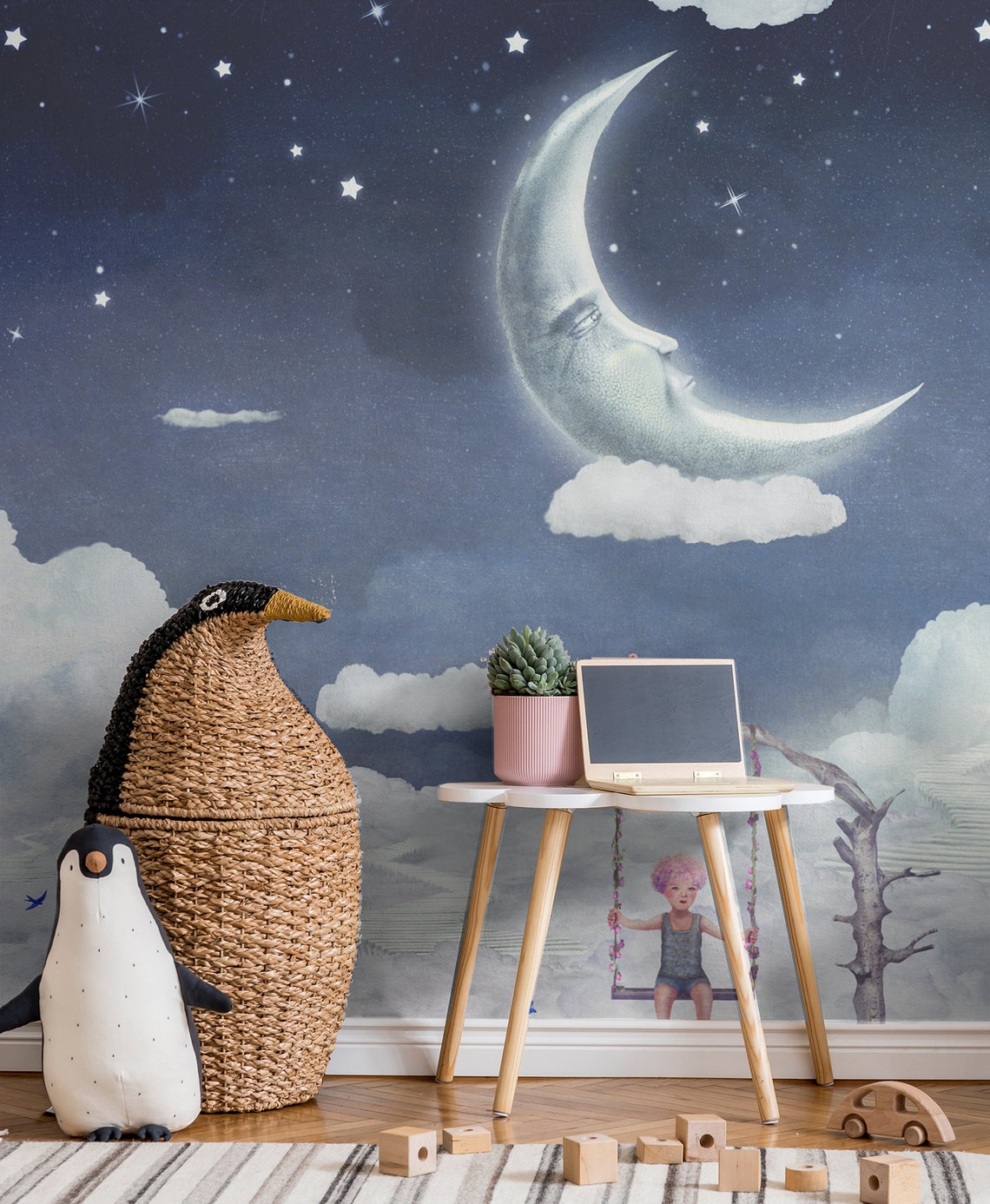 Watercolor Magical Night Mural Moon and Stars Wallpaper for - Etsy