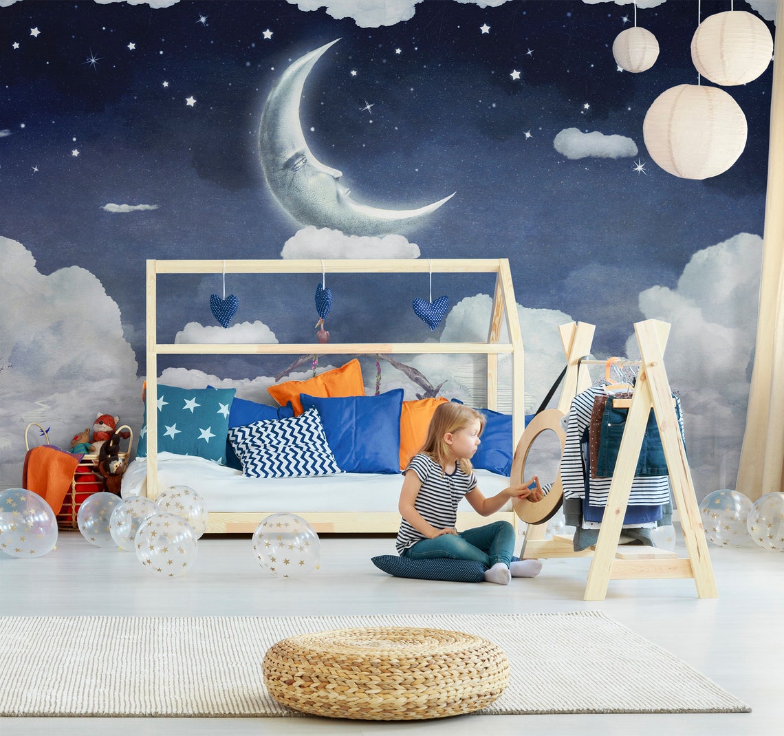 Watercolor Magical Night Mural Moon and Stars Wallpaper for - Etsy