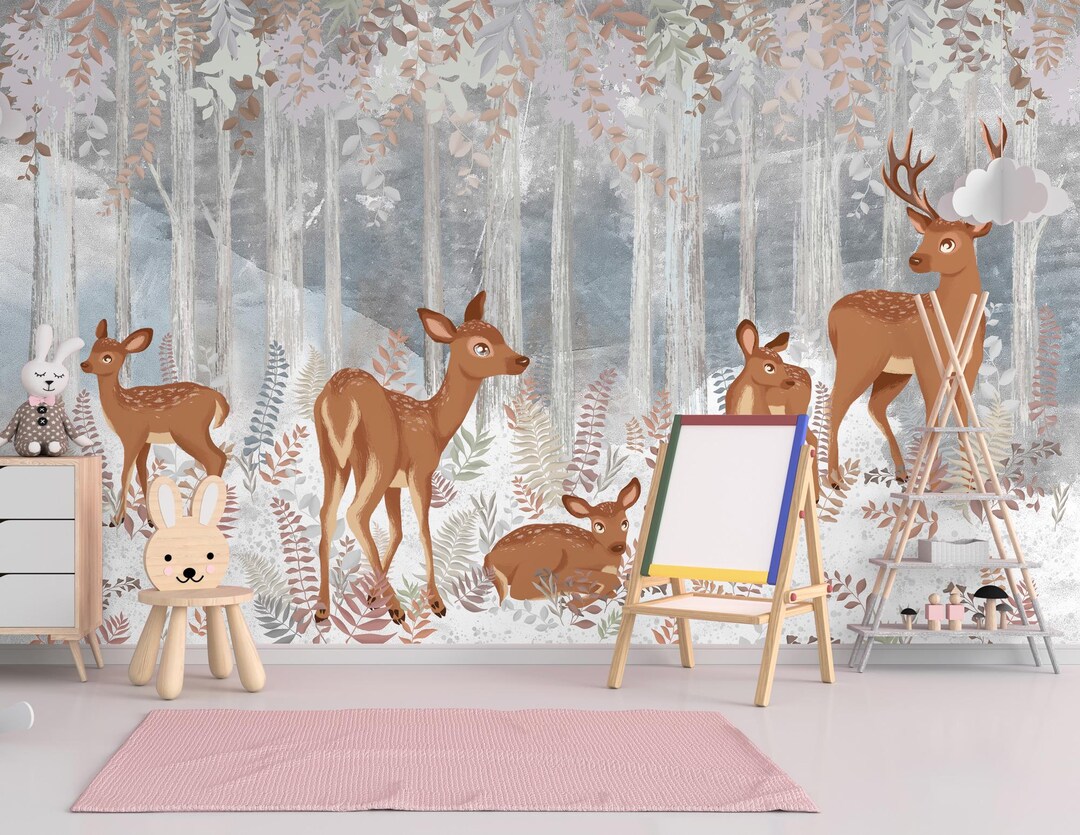 Winter Forest & Deer Wallpaper, Woodland Wall Art, Wall Decor, Nursery ...