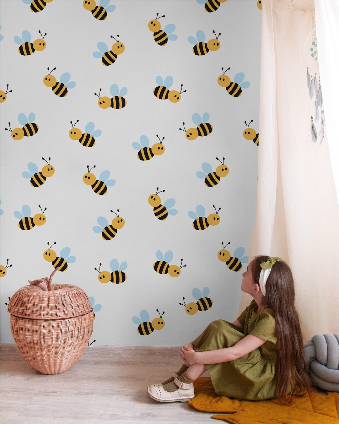Animal Wallpaper, Bee Pattern, Wall Mural, Removable, Self Adhesive ...