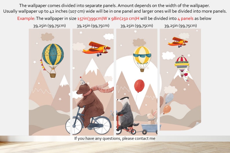 Watercolor Baby Wallpaper, Animal and Air Balloon, Nursery Wall Mural ...