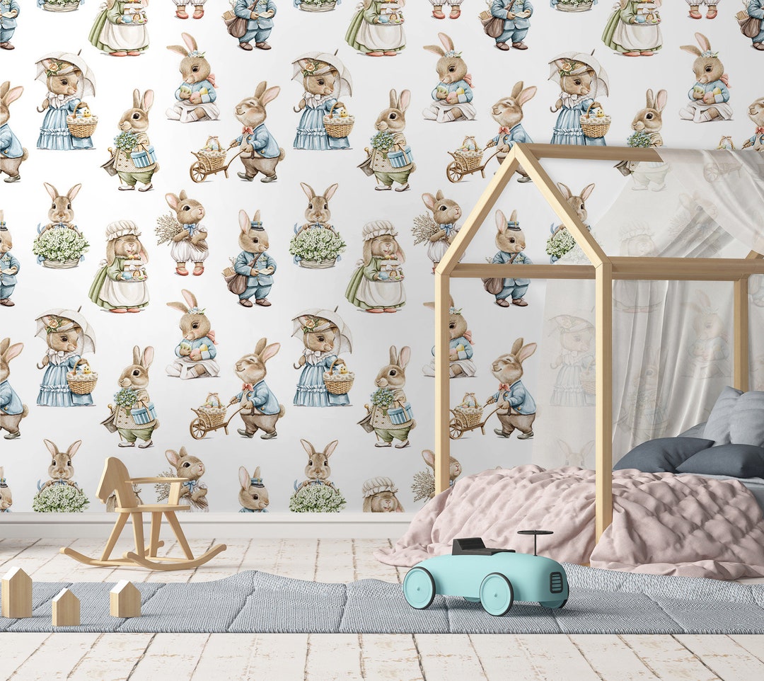 Watercolor Wallpaper With Easter Rabbits, Vintage Bunny, Wall Mural ...
