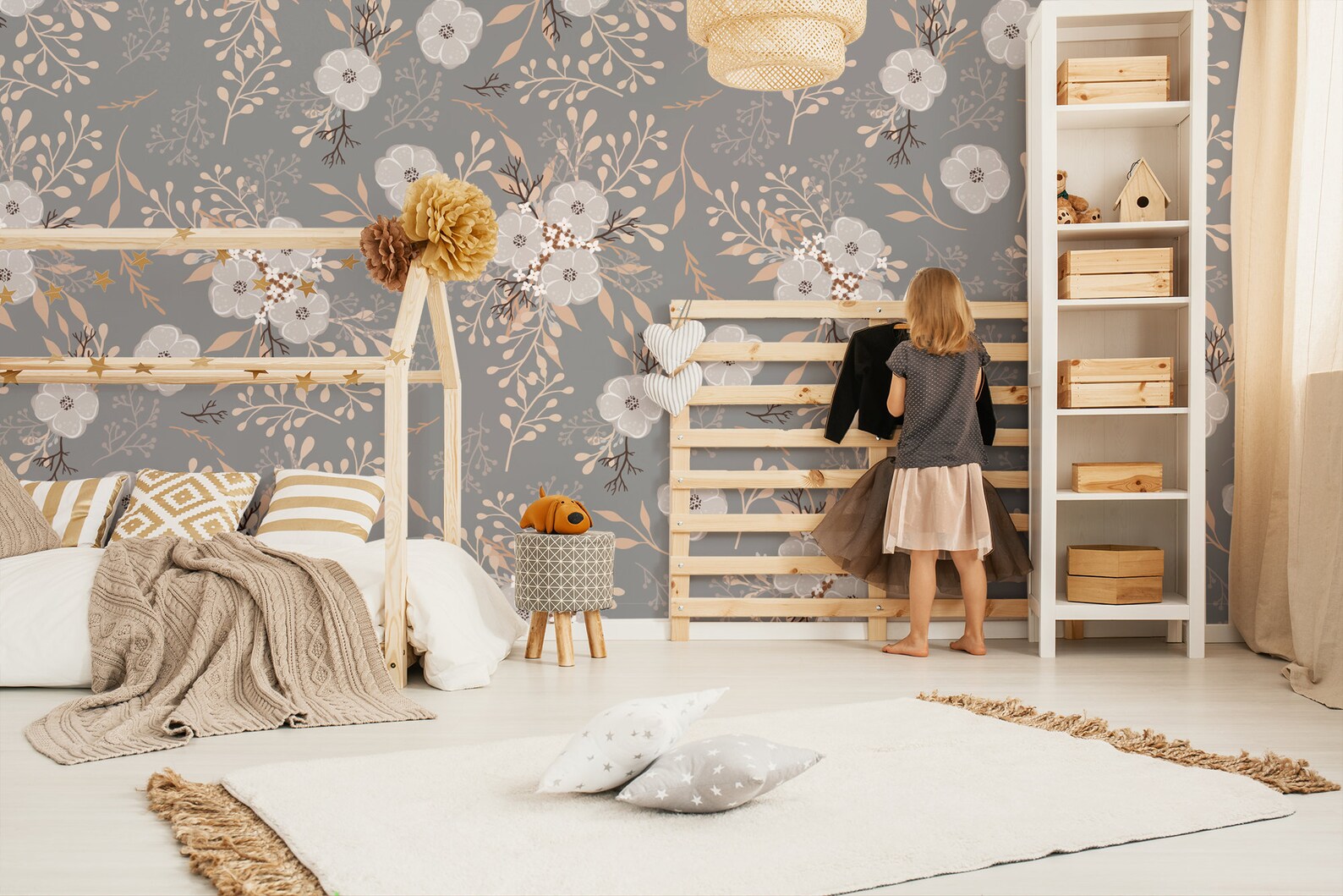 Beautiful Floral Wallpaper With Small Flowers and Leaves on a Gray ...