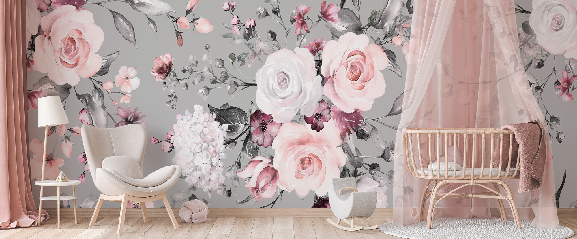 Watercolor Pink and Gray Rose Mural Botanical Floral Decor - Etsy