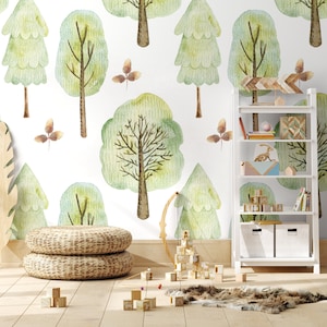 Watercolor Tree and Acorn Pattern Wallpaper, Forest Nature Motive ...