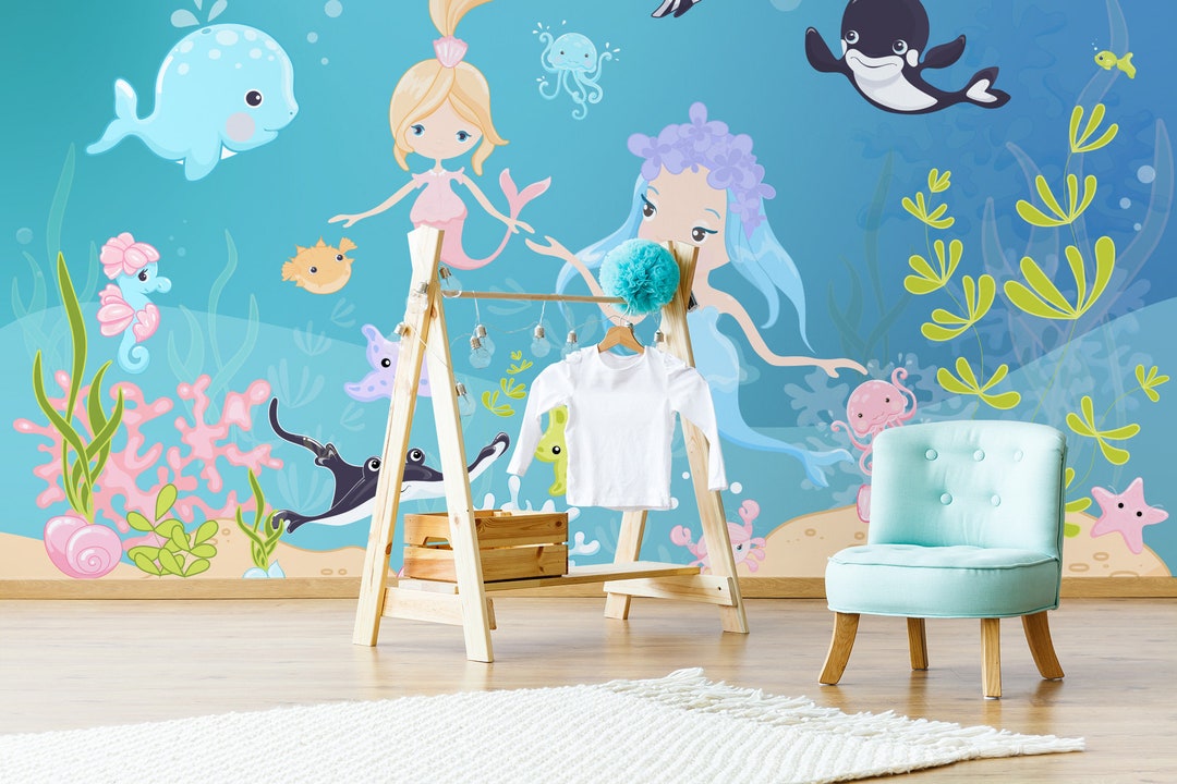 Little Mermaid Wallpaper, Sea Animals Home Decor, Blue Ocean, Peel and ...
