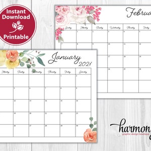 2021 Printable Monthly Calendar, 2021 Monthly Planner, Floral ...