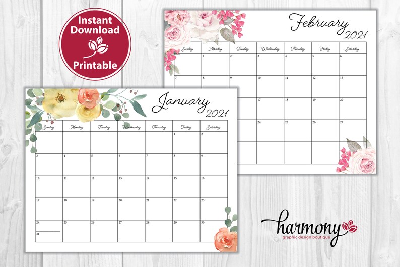 2021 Printable Monthly Calendar, 2021 Monthly Planner, Floral ...