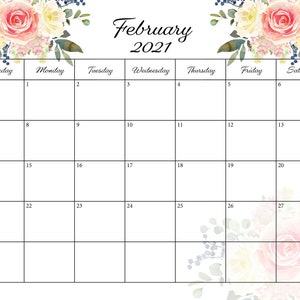 2021 Printable Monthly Calendar, 2021 Monthly Planner, Floral ...