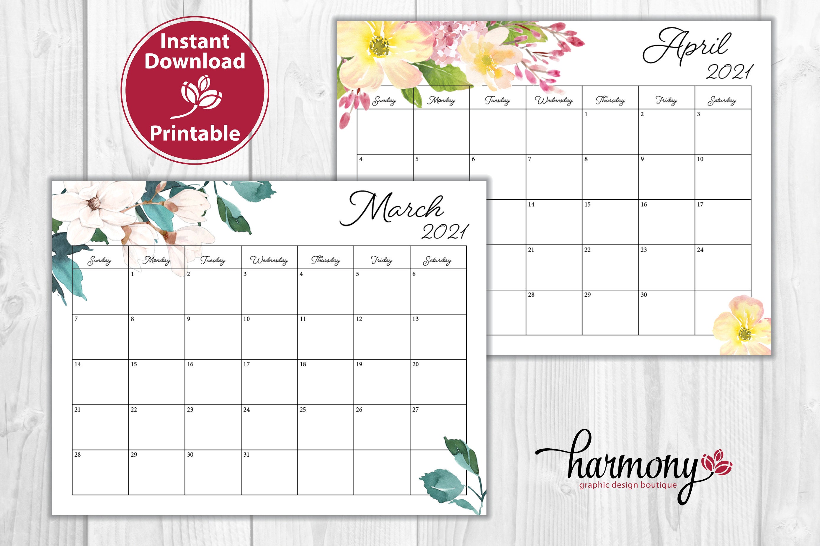 2021 Printable Monthly Calendar, 2021 Monthly Planner, Floral ...